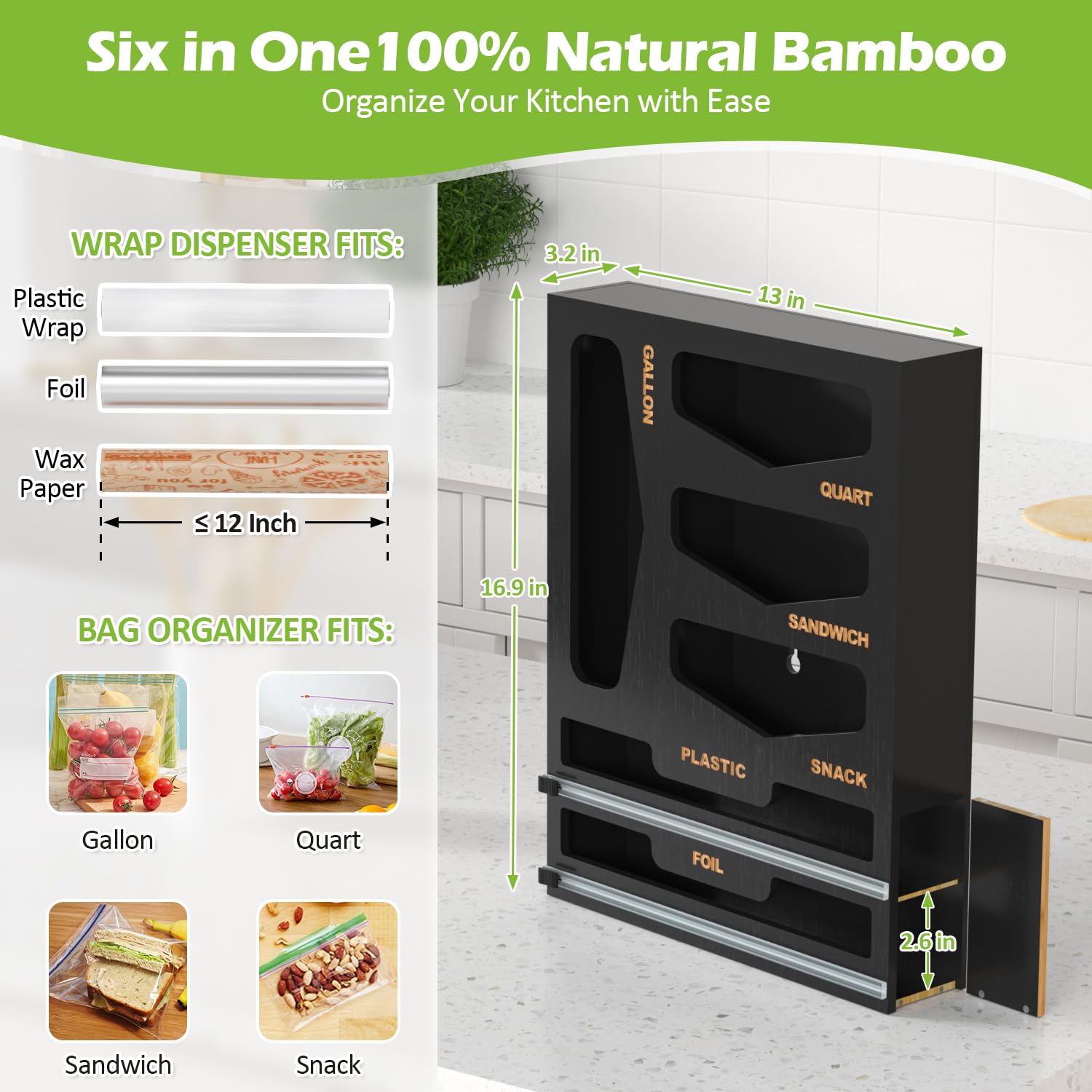 LUYABA 6 in 1 Bag Organizer and Wrap Dispenser with Magnetic Lid - Plastic Wrap Dispenser with Cutter for Kitchen Drawer, Storage for Gallon, Quart, Sandwich, Snack Bags, and Foil Black