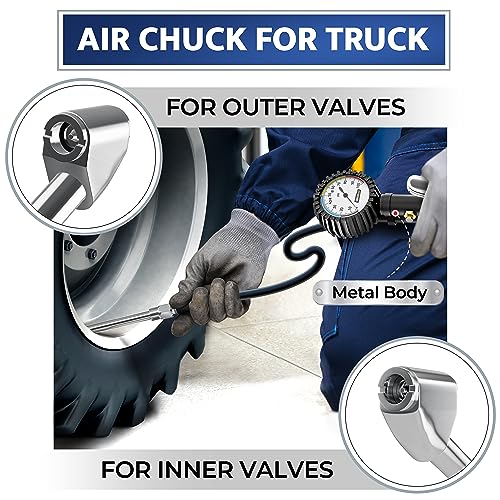 Tire Inflator with Pressure Gauge and Longer Hose - Most Accurate, Heavy Duty Air Chuck with Gauge for Air Compressor Tire Inflator Attachment - 100PSI