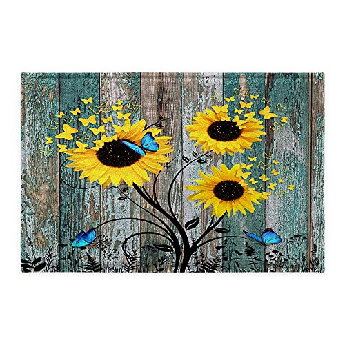 Grtuspr Sunflower Bath Rug, Teal Blue Butterfly on Vintage Rustic Plants Country Wood Bath Rug, Farmhouse Funny Butterfly Waterproof Non Slip Bathroom Rug, Bathroom Decor