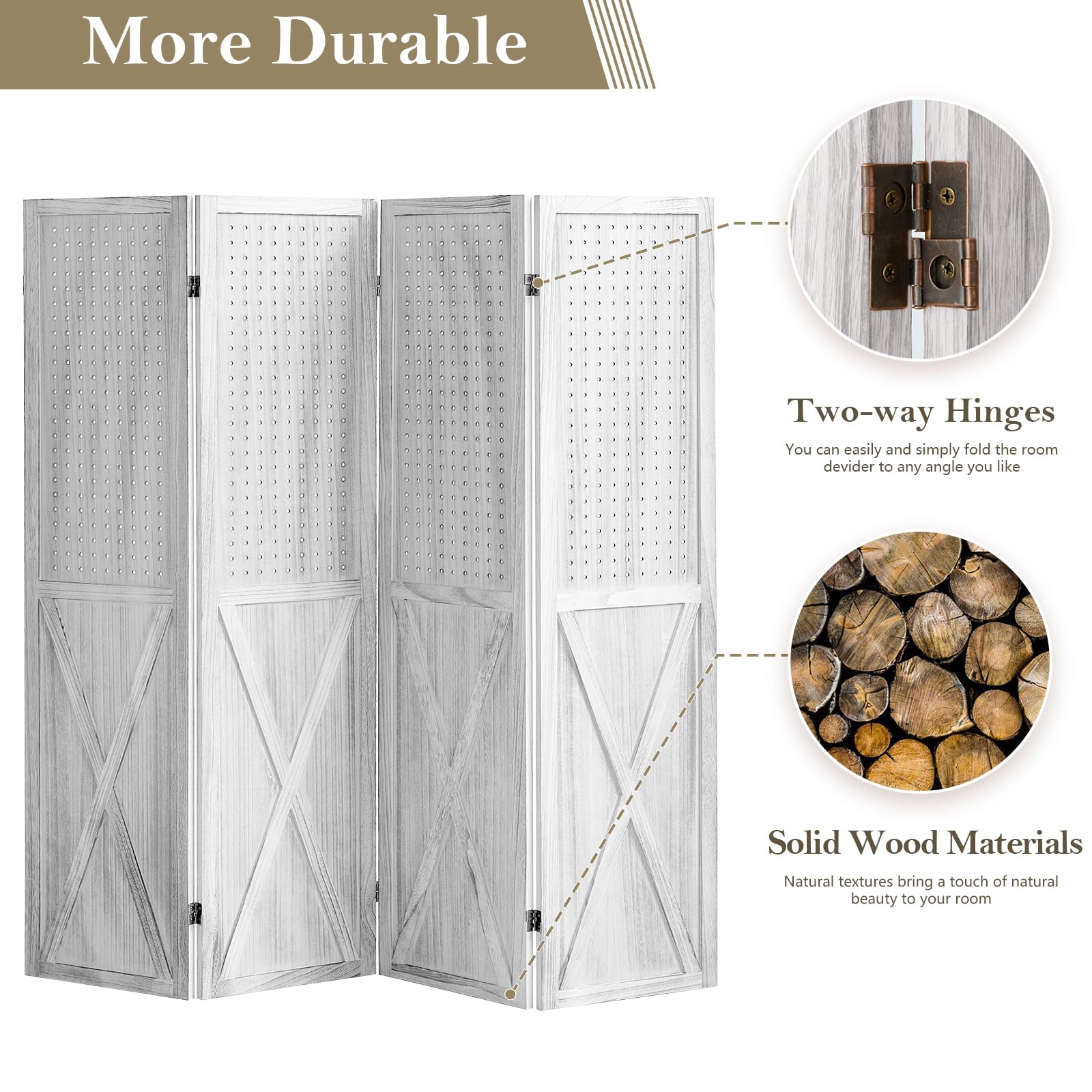 Leesinwing 4 Panel Pegboard Display, 5.6Ft Wood Room Dividers and Folding Privacy Screens, Peg Board Room Divider, Portable Display Board Organizer for Art, Jewelry, Crafts Display Racks, Off White