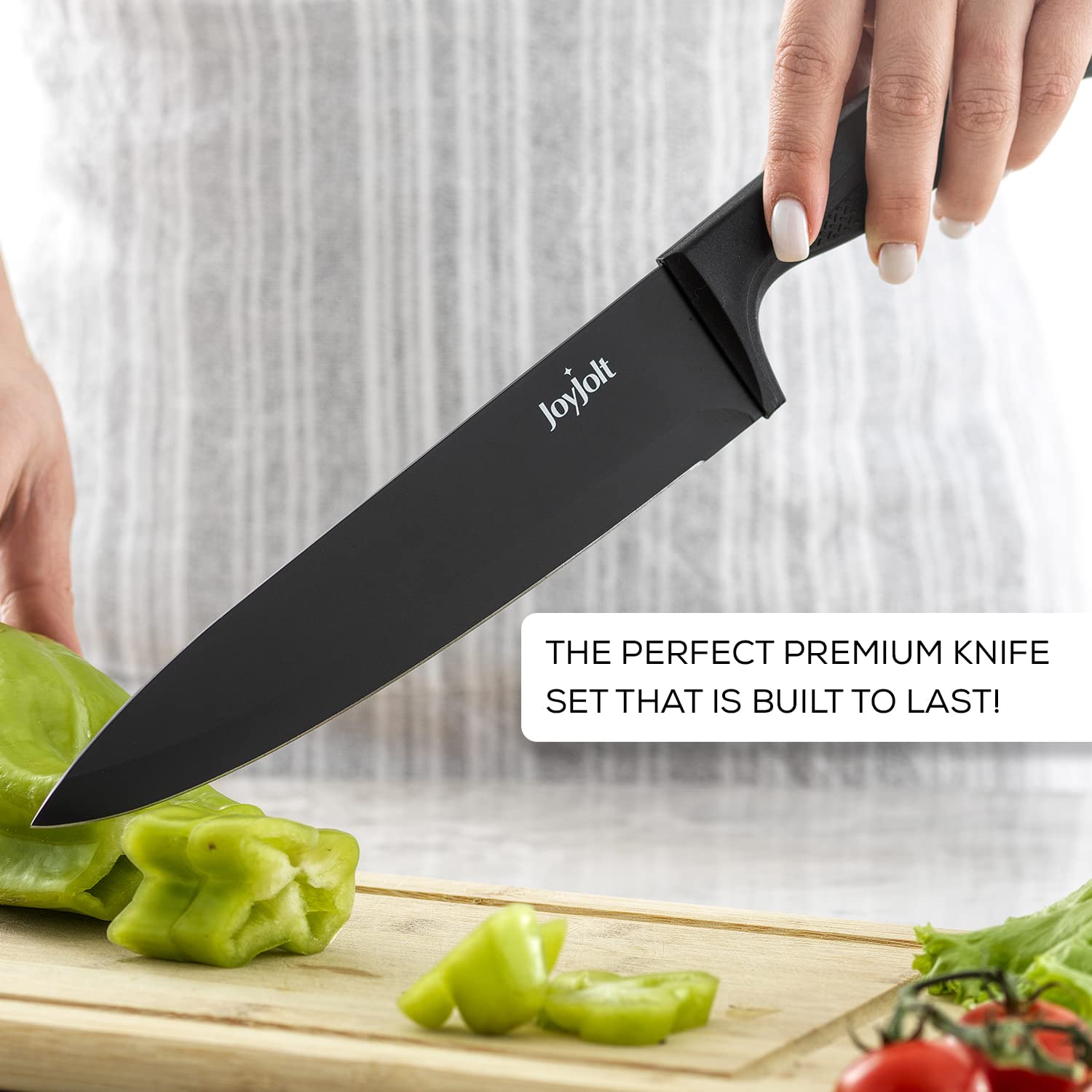 JoyJolt 12pc Kitchen Knives Set (Black). Chefs Knife Set with Sheath Covers. Chef, Butcher, Bread, Slicing, Santoku, Utility and Paring Home And Kitchen Knives Sets