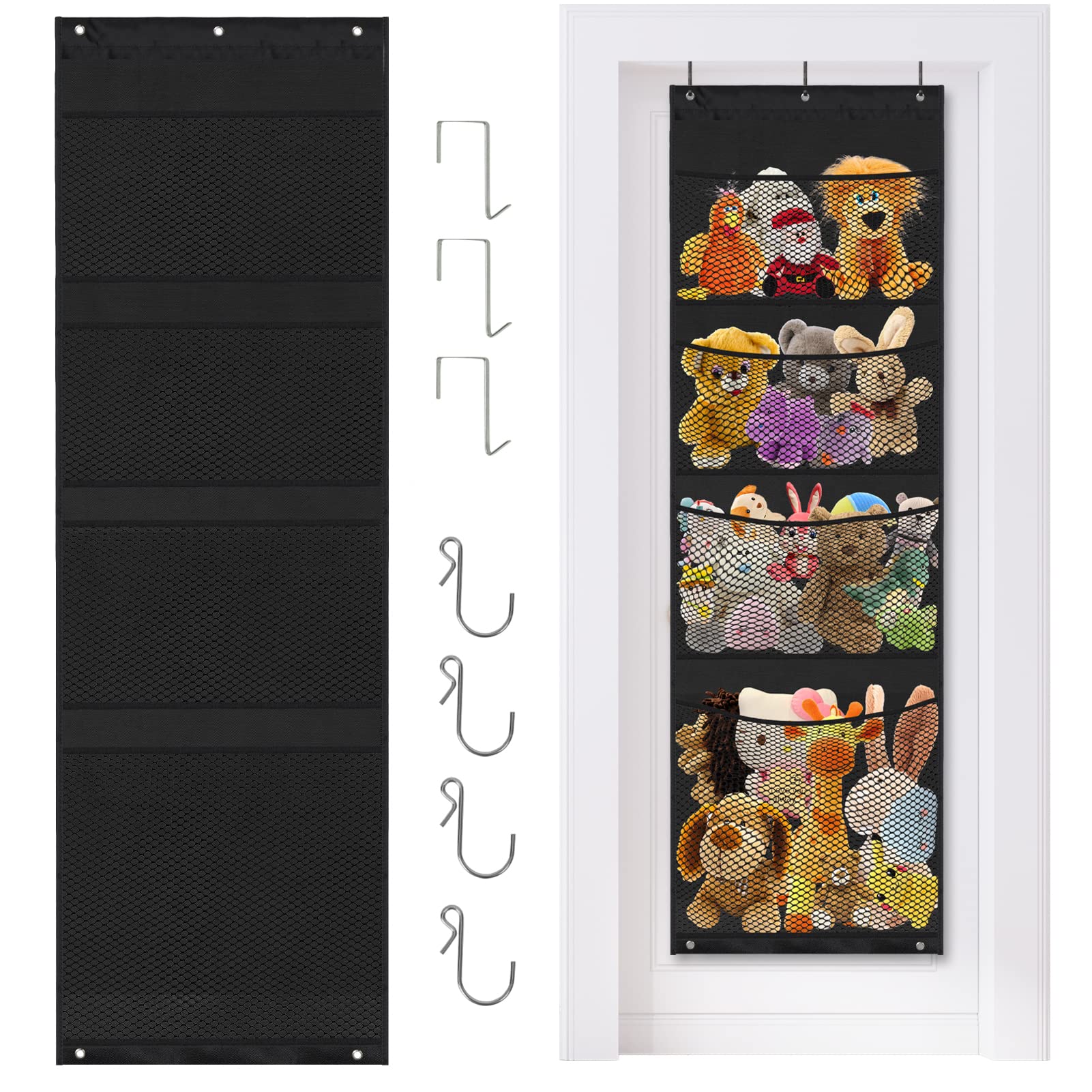 Over The Door Stuffed Animal Storage, Msoesticc.dl Hanging Stuff Animal Organizer with 4 Breathable Large Pockets Eassy Access Toy Storage for Kids Room Bathroom Nursery