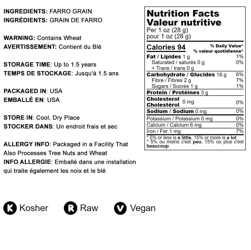 Food to Live Pearled Farro Grain, 1 Pound β Kosher, Vegan, Whole Grain in Bulk, Good Source of Dietary Fiber, Protein and Iron