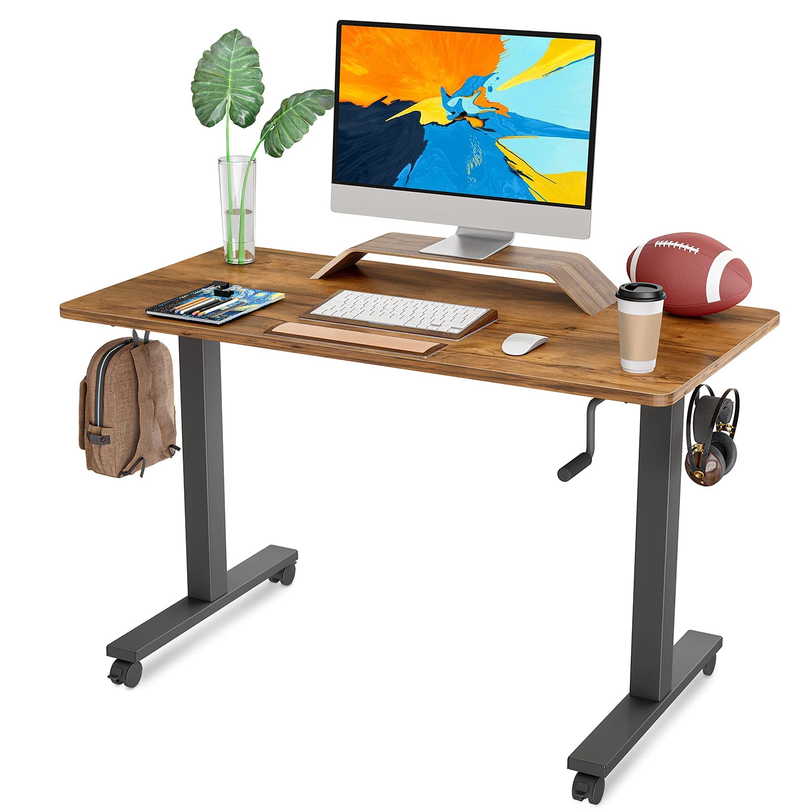 FAMISKY Crank Adjustable Height Standing Desk, 40 x 24 Inches Manual Stand up Desk, Sit Stand Workstation for Home Office with Handle and Splice Board, Black Frame/Walnut Top