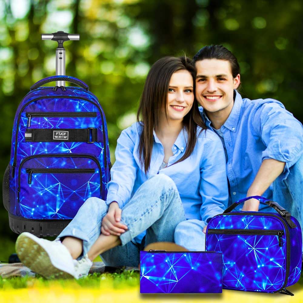 FTJCF 3PCS Rolling Backpack, 19 Inche Roller Bag with Wheels for Adults, Aurora Wheeled Bookbag Set for Men Boys(Blue)