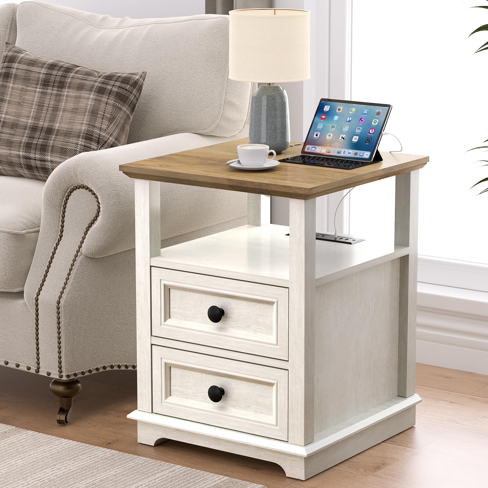 REDAYFUR End Table with Fast USB C Charging Station, 24β Tall Sofa Side Table with 2 Drawers, Large Storage Rustic Wood Square Storage Cabinet for Living Room,Bedroom,Office, White