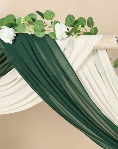 SHERWAY 2 Panels Chiffon Fabric Drapery Wedding Arch Drapes, Party Backdrop Curtain Panels, Ceremony Reception Swag Decoration (27 x 216 Inch, Hunter Green & Ivory)