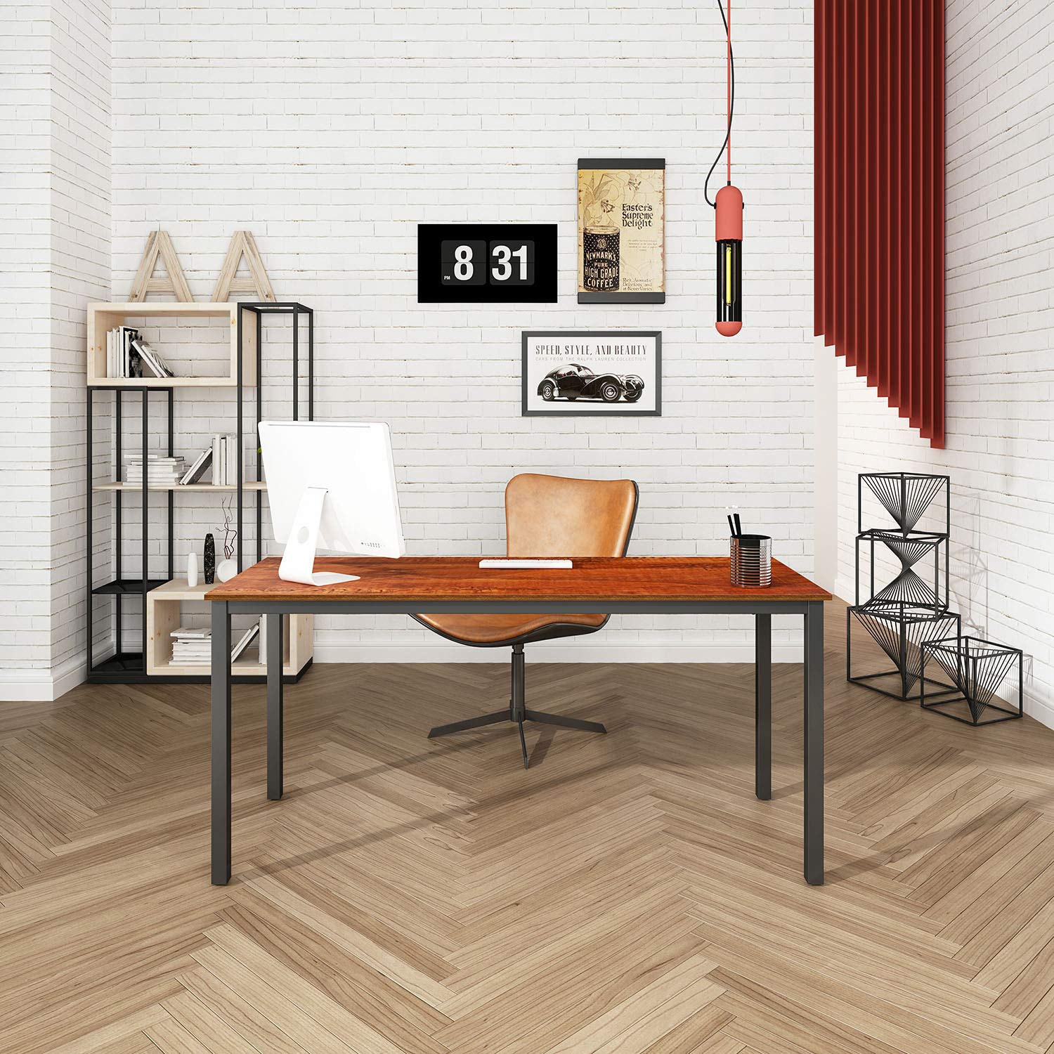 FSTAR 55" Writing Desk Sturdy Home Office Desk Modern Simple Design Computer Desk Writing Table for Home Office Large Space Workstation Metal Frame (55", Sandalwood)