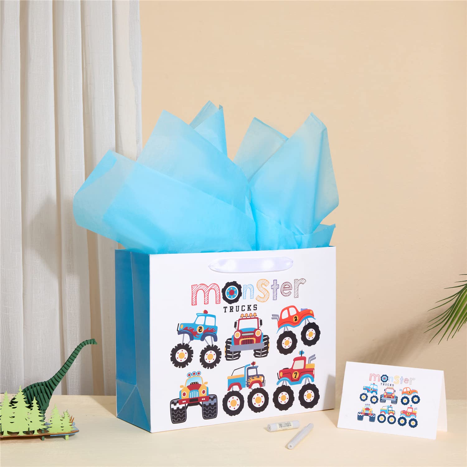 SUNCOLOR 13" Large Gift Bag with Tissue Paper for Boys (Monster Truck)