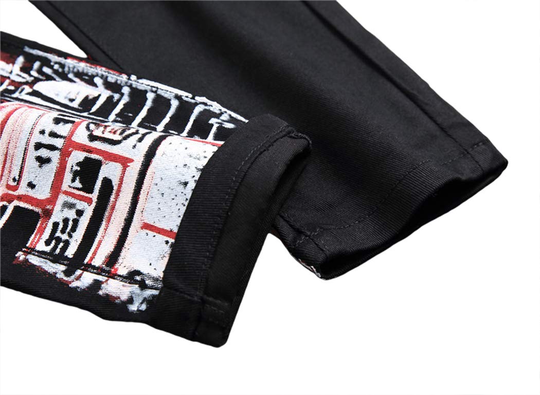 Enrica Men's Casual Color Printed Jeans Skinny Black Denim Pants (Black&Air, 34)