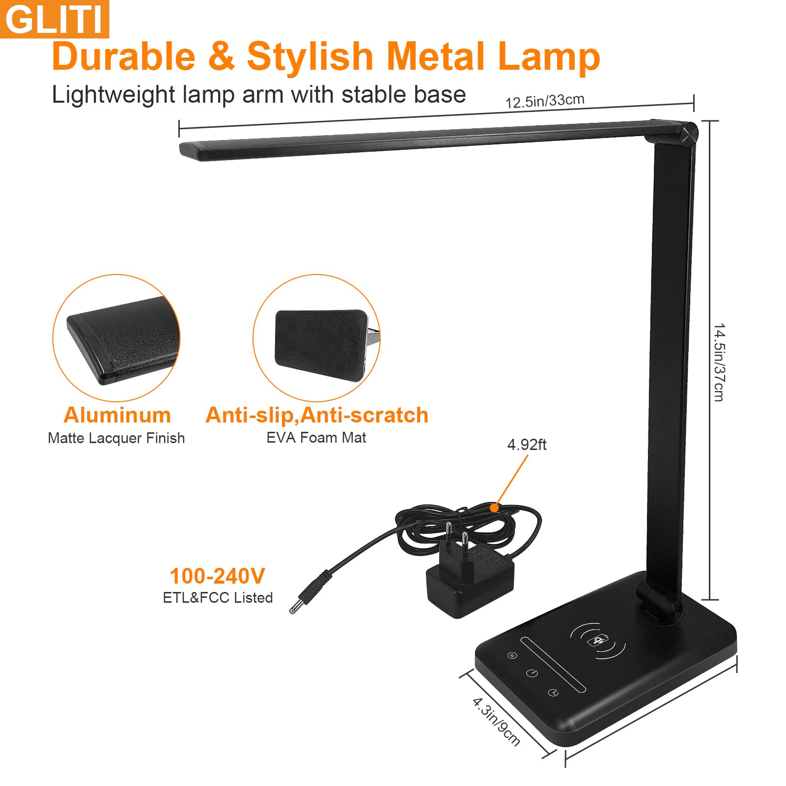 GLITI LED Desk Lamp with Wireless Charging,Dimmable Desk Light, 5 Light Colors, 6 Brightness Levels, Touch Control Table Lamp with USB Rechargeable, Auto Timer, for College Dorm, Home, Office