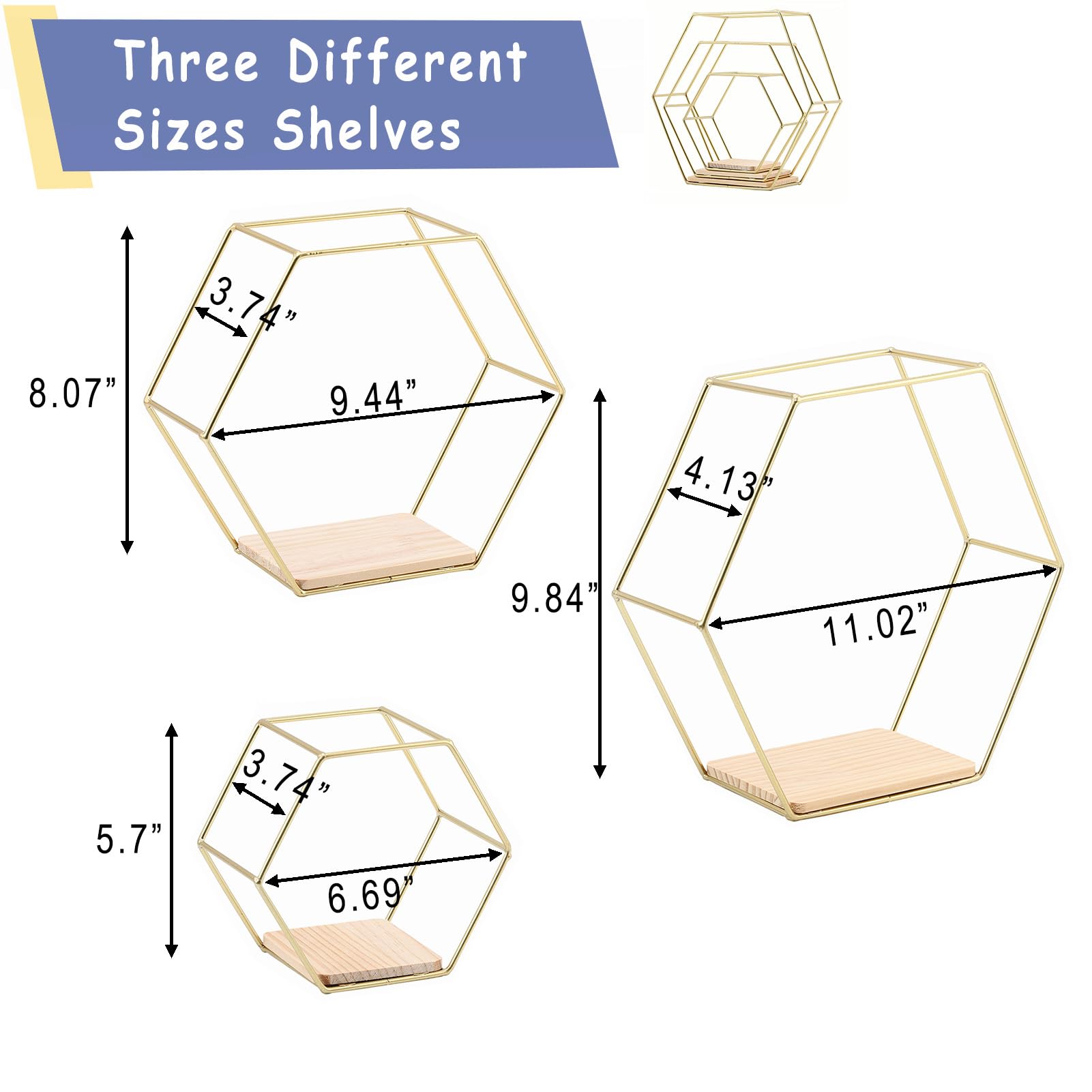 REFSAVER Hexagon Shelves for Wall,Gold Geometric Floating Shelves Wall Decor,Multi-use Metal Wire Wall Display Shelves,Hanging Wall Decor for Bedroom Living Room Kitchen Office,3 Pack,Gold