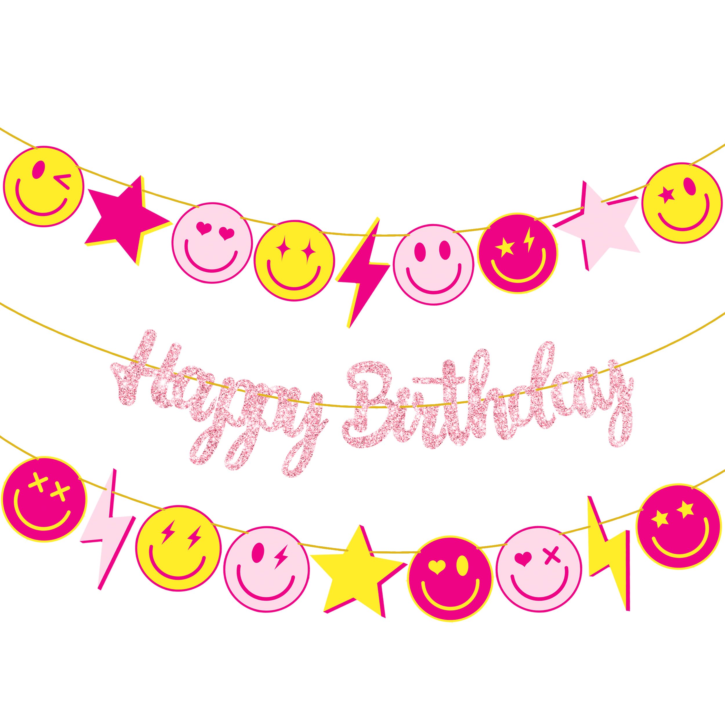 Preppy Birthday Party Banners 3Pcs Preppy Smile Face Birthday Party Decorations Pink Smile Face Lightning Star Themed Party Banners for Preppy Theme Bachelorette Birthday Party Supplies