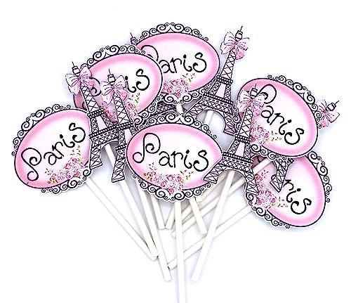 Paris Cupcake Toppers 12 pcs, Pink Ooh La La Cake Picks Birthday Decoration Party Supplies, Eiffel Tower Baby Shower, Wedding, Bachelorette