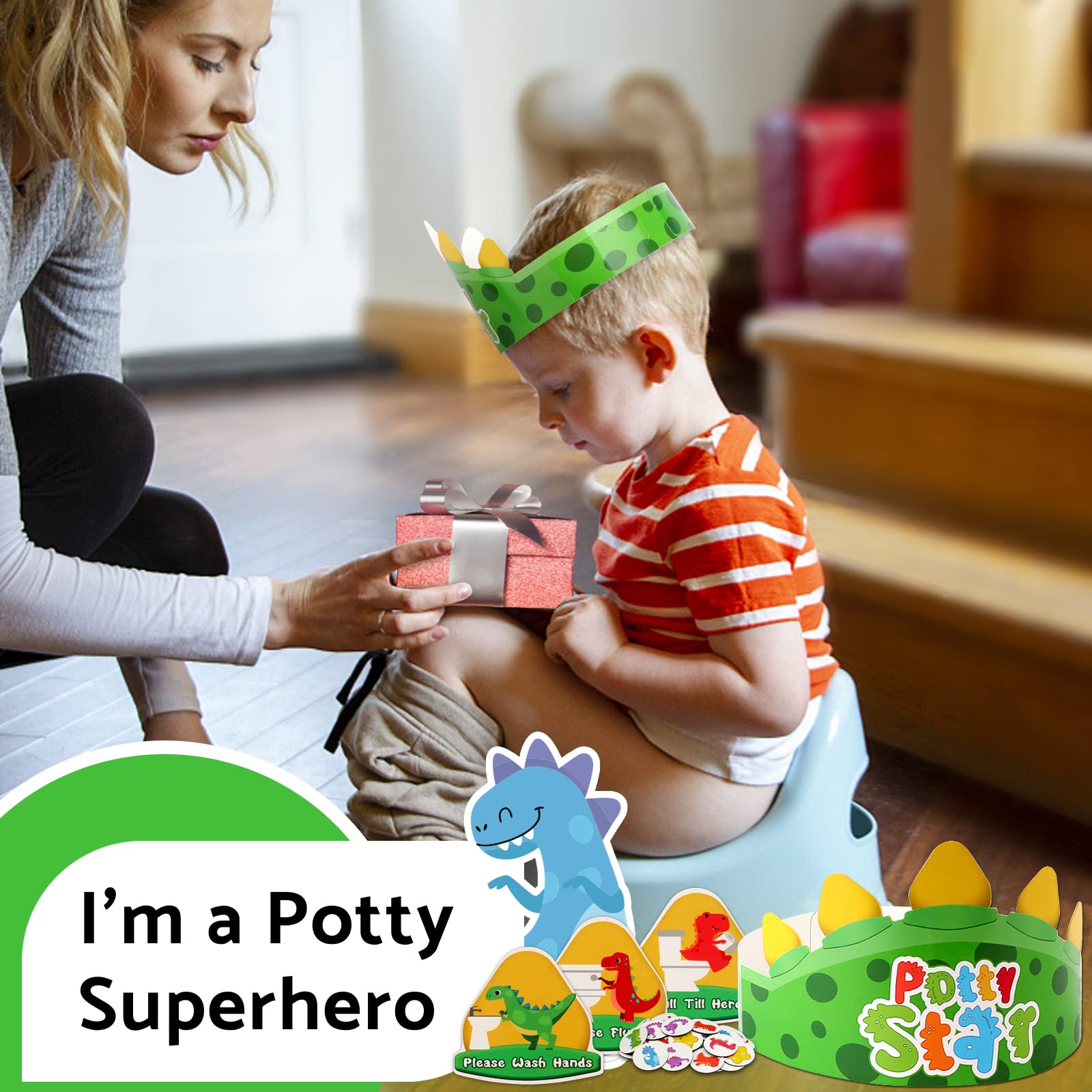 Potty Training Chart for Toddlers Boys & Girls - A Dinosaur Potty Chart with 35 Reusable Magnetic Dinosaur & Star Stickers for Kids Potty Training Reward (Dinosaur Potty Chart 3Crown)