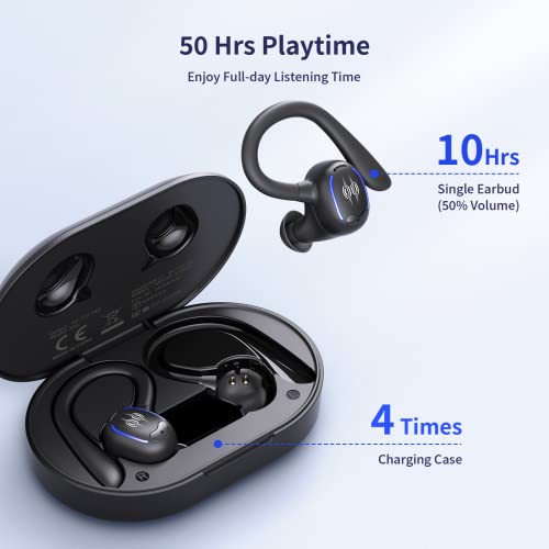 PSIER Wireless Earbuds Bluetooth Headphones 50H Playtime Ear Buds 5.3 Dual Power Display Sports with Earhooks IPX7 Waterproof Mic Over-Ear Earphones for Running, Gym