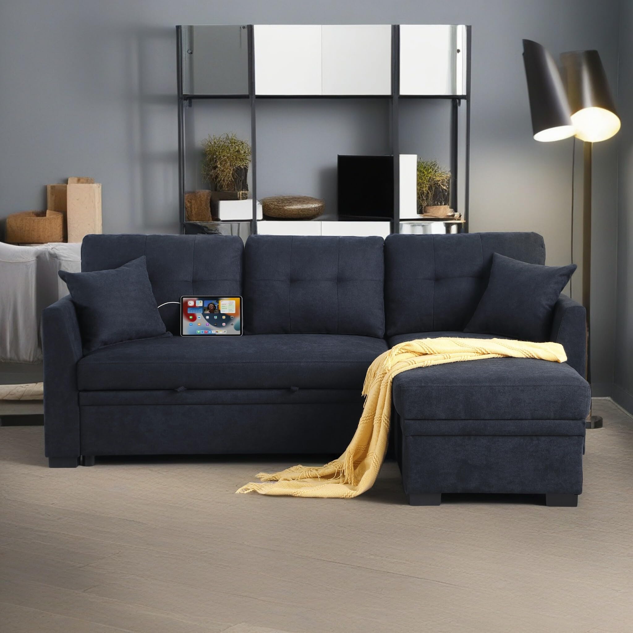 MODCART 81.5" L-Shape Convertible Sectional Sleeper Sofa with Storage Chaise & Pull-Out Bed,Linen Upholstered Corner Couch w/USB Charger Ports and Pocket for Living Room Apartment