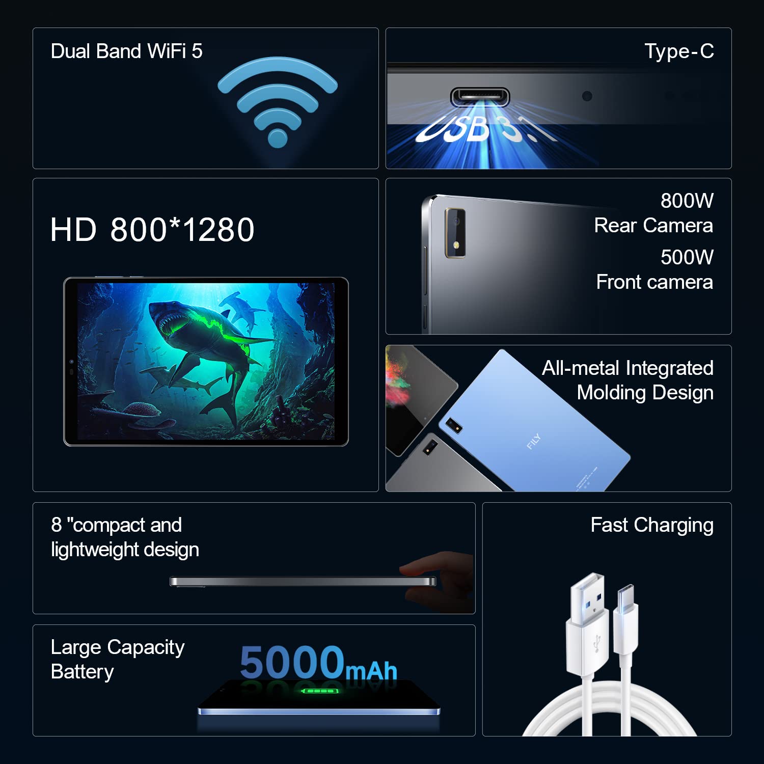 FILY F8 Android12 Tablet, 8 inch Tablet, 4GB+128GB Storage, Quad-Core Processor, 2.0Ghz, Full Metal Cover, Bluetooth5.2, 5+8MP Dual Camera, 5G/2.4G Wi-Fi, HD Touch Screen, USB-C Fast Charge (Gray)