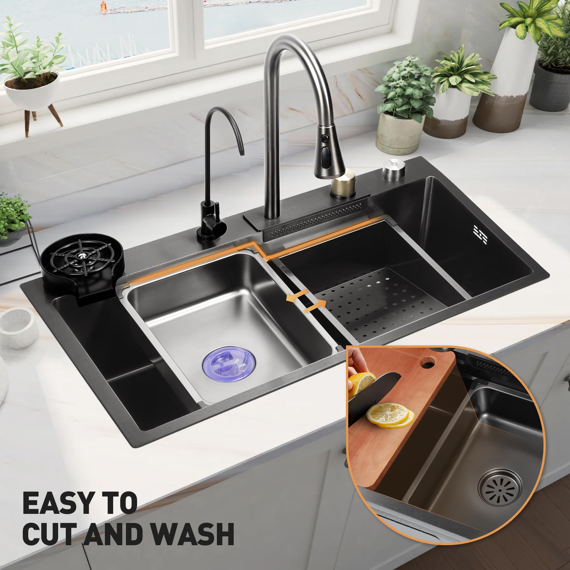 Rengue 32''x 18'' Waterfall Kitchen Sink, Drop In Kitchen Sink Single Bowl, 04 Stainless Steel Kitchen Sink Workstation with Pull-Out Faucet and Multiple Accessories (31.49×17.77×8.66 inch)