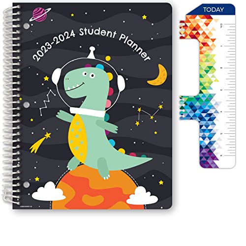 Global Datebooks Dated Elementary Student Planner for Academic Year 2023-2024 Includes Ruler/Bookmark and Planning Stickers (Matrix Style - 8.5"x11" - Space Dino)