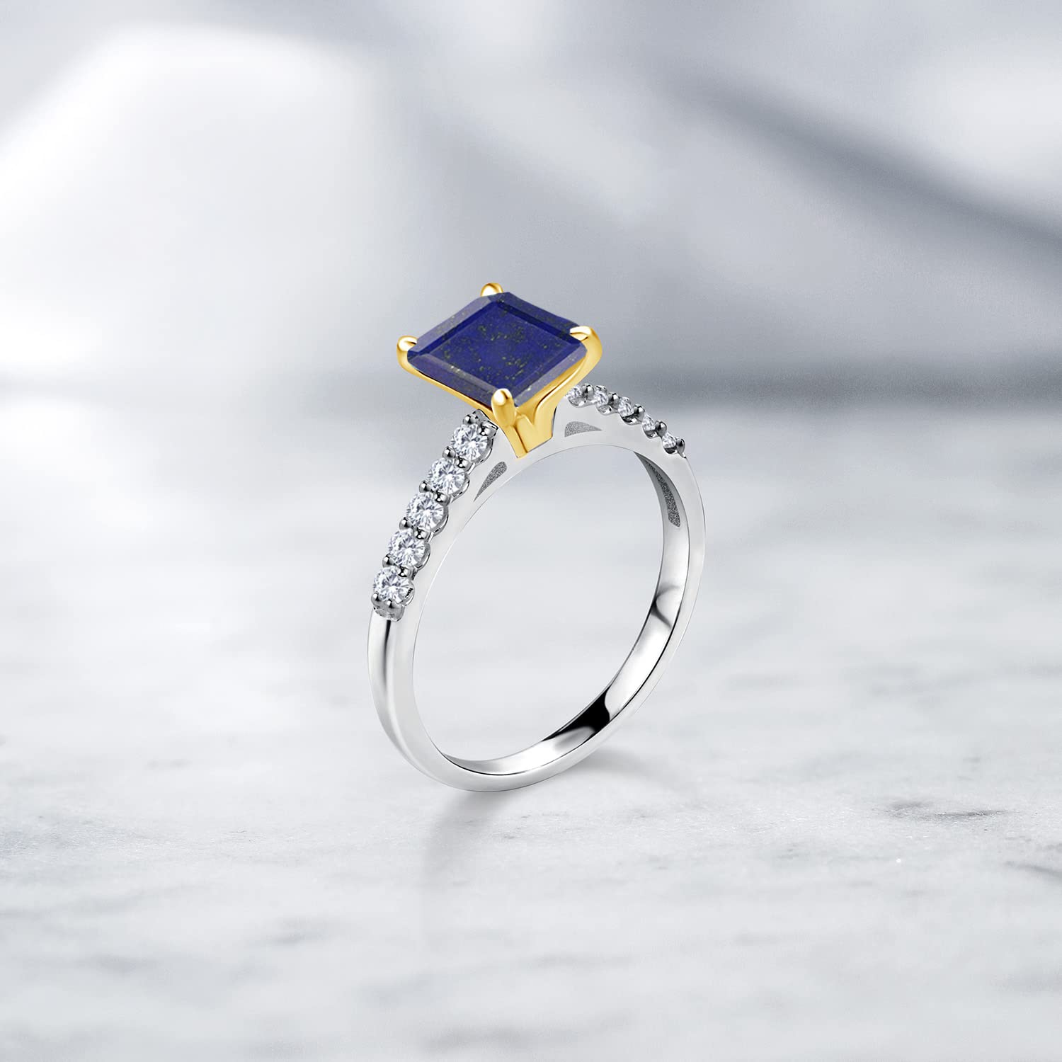 Gem Stone King 925 Sterling Silver and 10K Yellow Gold Emerald Cut Blue Lapis and White Moissanite Engagement Ring For Women (2.20 Cttw, Available In Size 5, 6, 7, 8, 9)