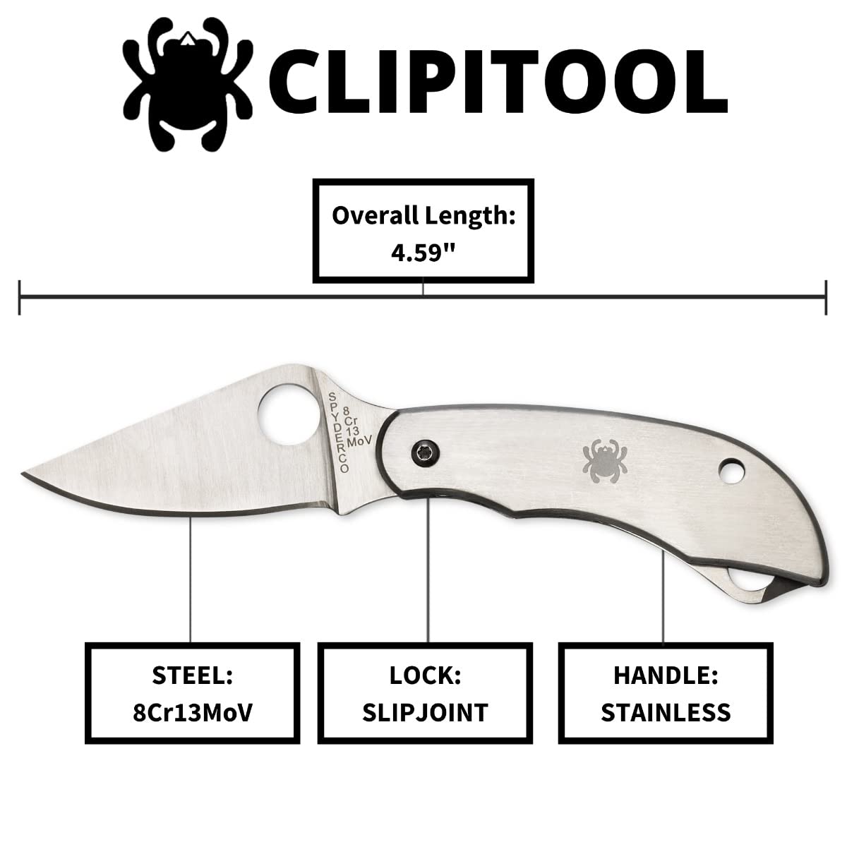 Spyderco ClipiTool Multi-Functional Stainless Steel Utility Pocket Knife with 2" Steel Blade and Screwdriver/Bottle Opener - PlainEdge - C175P