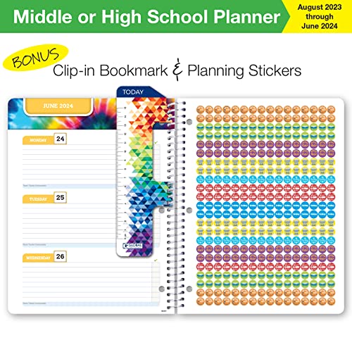 Global Datebooks Dated Middle School or High School Student Planner for Academic Year 2023-2024 Includes Ruler/Bookmark and Planning Stickers (Block Style - 8.5"x11" - Black Painted Brick)