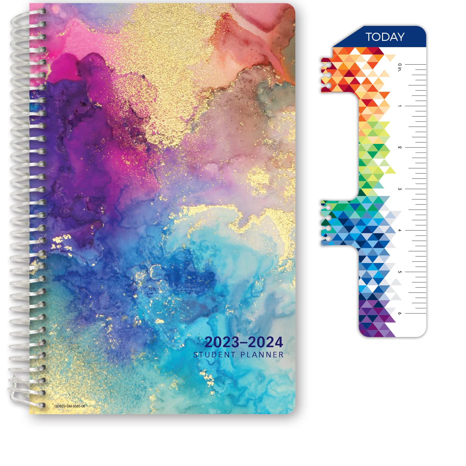 Global Datebooks Dated Middle School or High School Student Planner for Academic Year 2023-2024 Includes Ruler/Bookmark and Planning Stickers (Matrix Style - 5.5"x8.5" - Rainbow Gold Marble)
