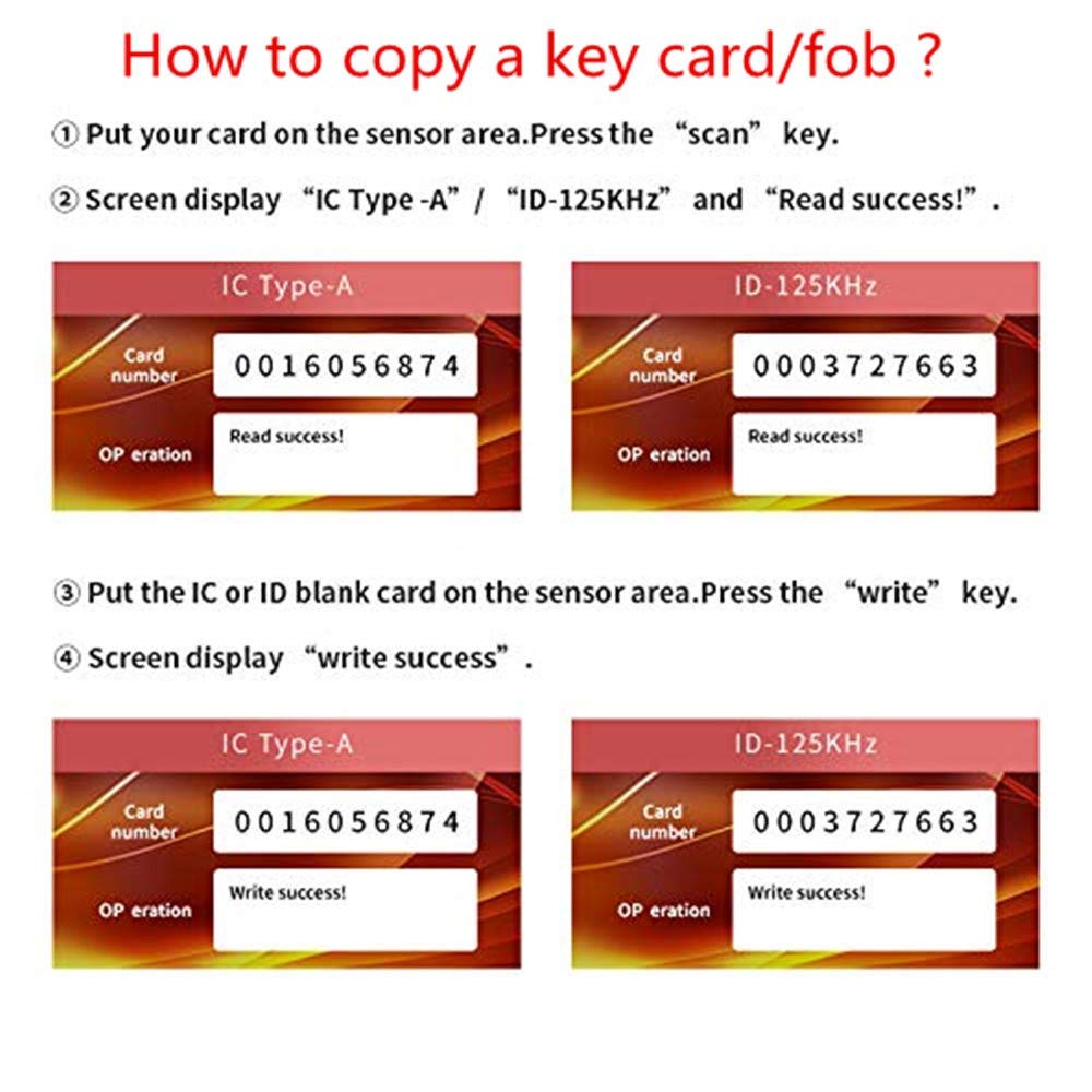 NFC RFID Copier Writer Readers Key Copier Duplicator English 10 Frequency for IC ID Cards/Key Fob and 13.56mhz UID Key,10pcs ID 125kh Key Fobs + 5 Pcs ID 125khz Cards + 10pcs 13.56mhz IC Key + 1 USB
