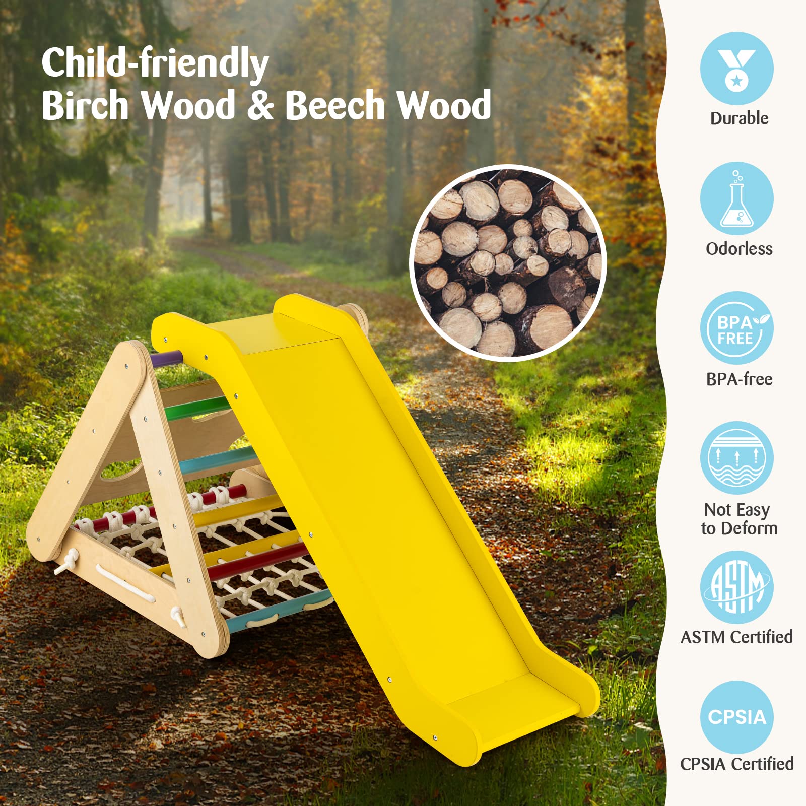 GLACER 4-in-1 Climbing Triangle w/Ramp, Climbing Toy Set with Rope Wall, Climbing Rock & Climbing Ladder, Fun Slide, Indoor & Outdoor Fun Triangle Climber for Kids Room, Play Room, Daycare (Rainbow)