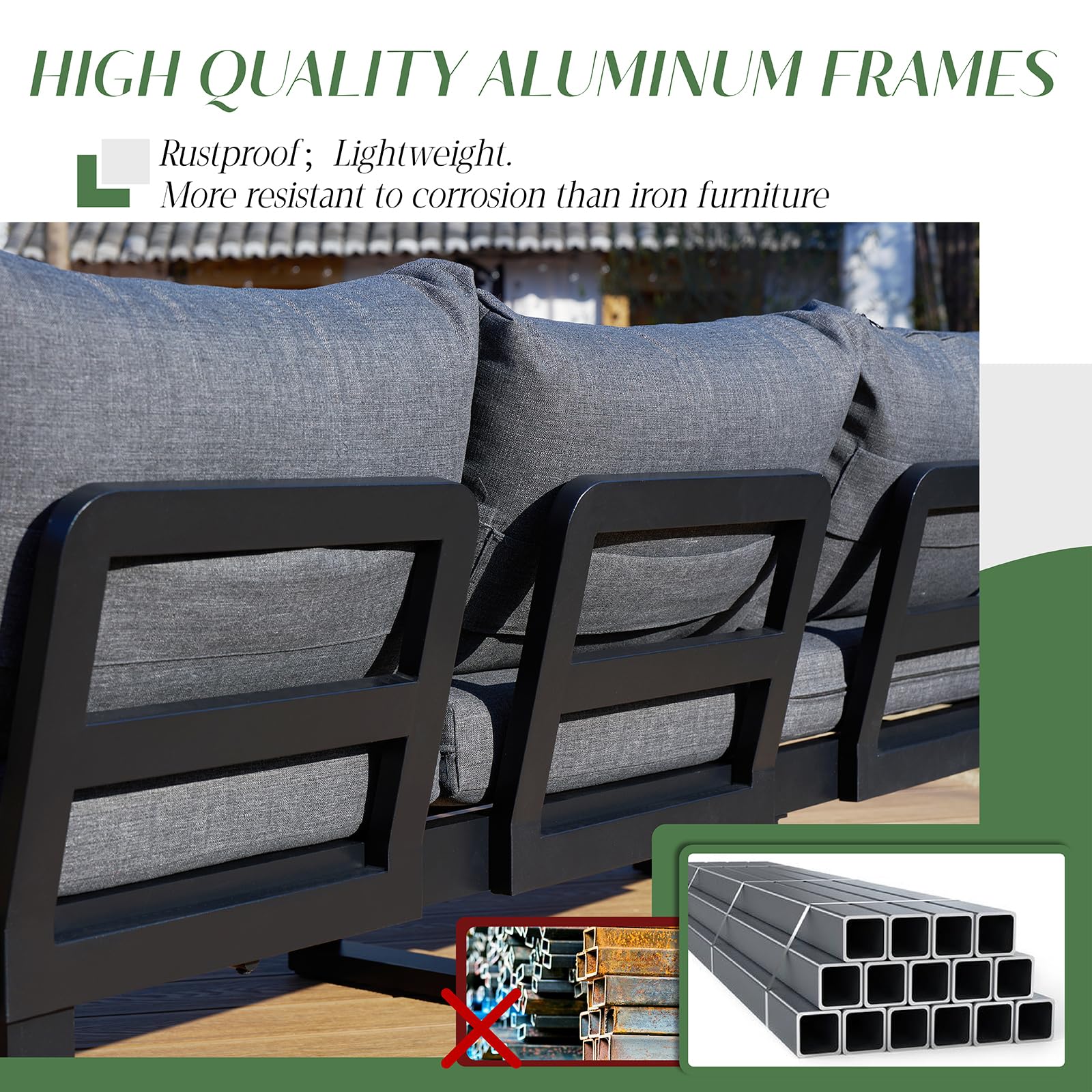 LUXOAK 3-Piece Patio Furniture Sets, Outdoor Aluminum Furniture Sofa, with Wood Side Table & Washable Cushions(Adjustable Backrest)