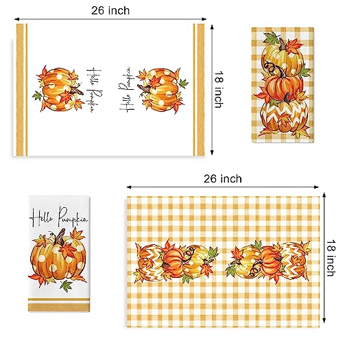 Seliem Fall Hello Pumpkin Patch Kitchen Dish Towels Set of 2, Autumn Maple Leaves Hand Towels Buffalo Plaid Check Drying Baking Cooking Cloth, Farmhouse Thanksgiving Home Kitchen Decor 18x26 Inch