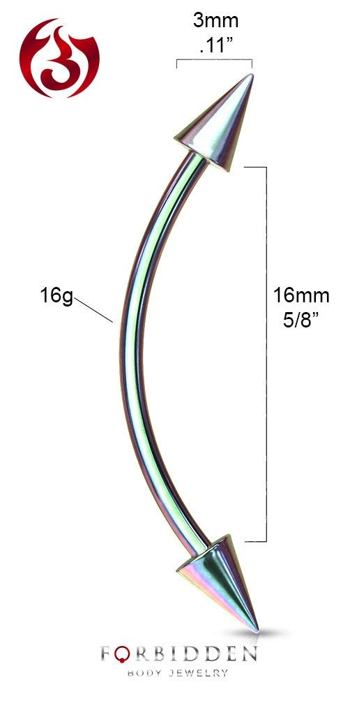 Forbidden Body Jewelry 16mm Surgical Steel Curved Barbell with Spike Ends for Snake Eyes Tongue Piercing, Silver Tone