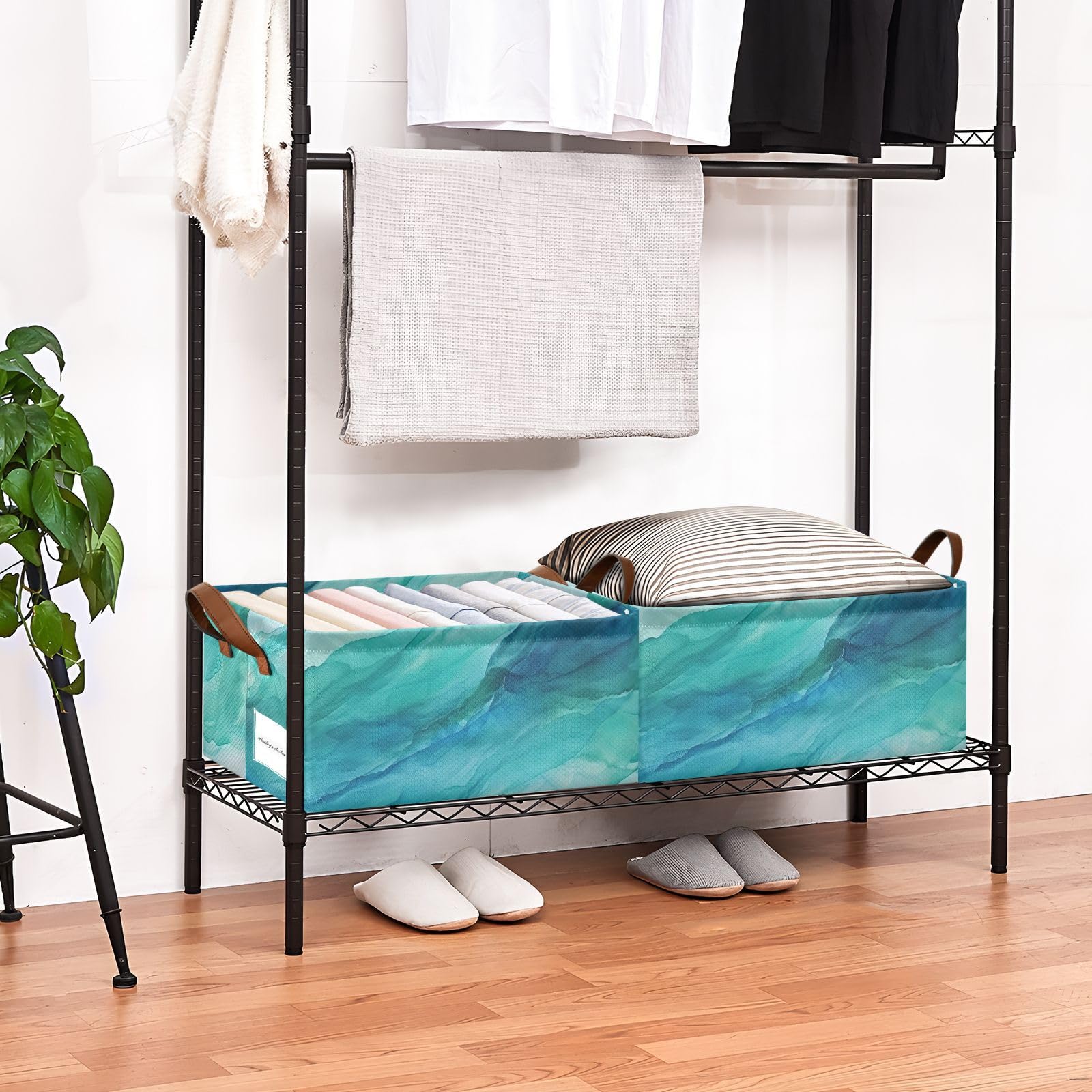 NFMILI Storage Basket Blue Teal Marble Print Storage Bins with Steel Frame,Foldable Storage Cube with Handles 1 Pack