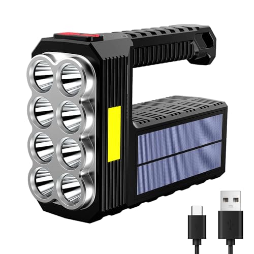 Solar Flashlight Rechargeable 8 LED Handheld with COB Sidelight, High Lumens 3 Modes Searchlight, Portable Lightweight Waterproof Spotlight for Fishing Outdoor Camping Emergencies