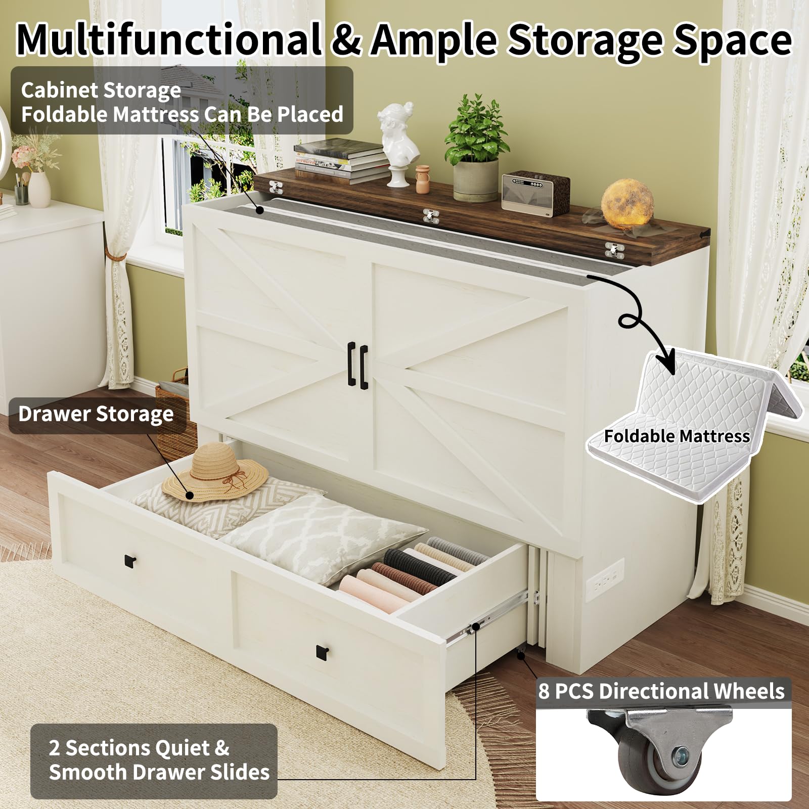 LUXOAK Queen Size Murphy Bed with Charging Station, Cabinet Bed with Large Storage Drawer for Home Office or Small Room, Hideaway Bed Full Foldable Platform Bed, Barnwood+White