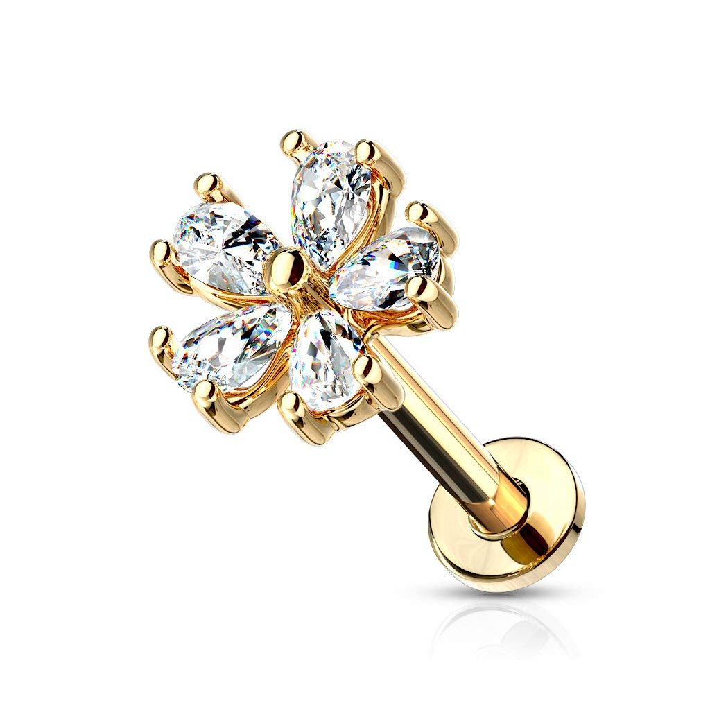 Forbidden Body Jewelry 16g 8mm Internally Threaded Cartilage, Tragus, Labret & Monroe Stud w/CZ Floral Top, 14k Gold Plated