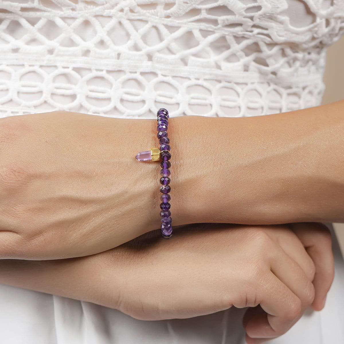 KARMA AND LUCK Soothing Power : Women's Gold Plated Brass Real Amethyst Stone Evil Eye Pointer Charm Beaded 6.75" Bracelet with a Gorgeous Embedded Diamond Chip (1-1.5 mm), Made in Thailand