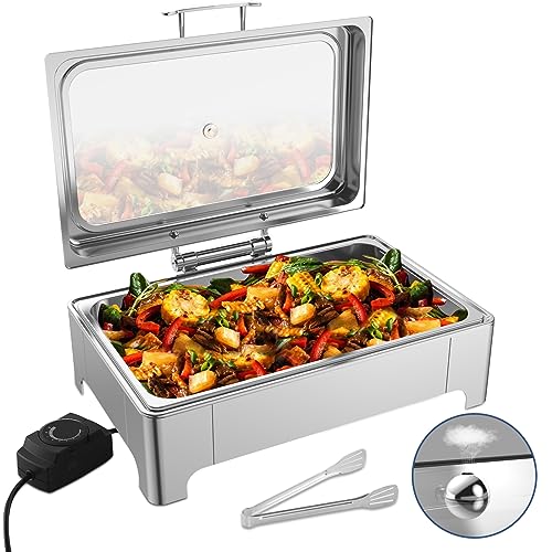THXSUN Electric Chafing Dish Buffet Set, 9QT Stainless Steel Chaffing Dishes, 400W Buffet Servers and Warmers with Glass Lid, 9 Heating Levels, Food Warmers Chafers for Party Catering (1/1 Full Size)