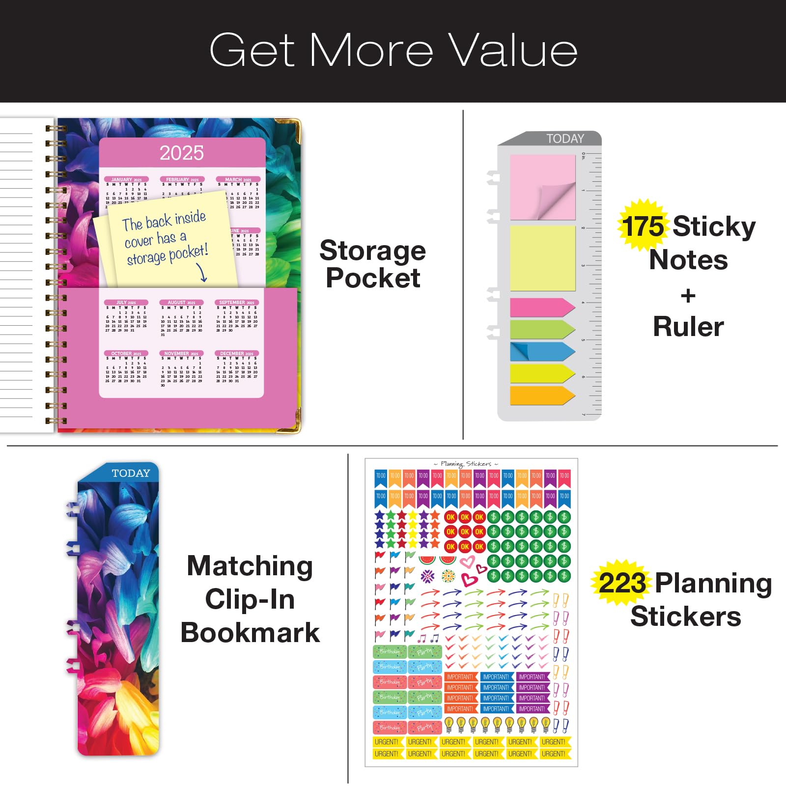 Global Printed Products, HARDCOVER 2024 Planner: (November 2023 Through December 2024) 8.5"x11" Daily Weekly Monthly Planner Yearly Agenda. Bookmark, Pocket Folder & Sticky Note Set (Rainbow Petals)