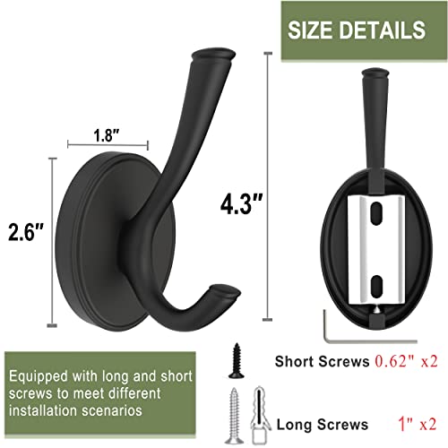 TOFIIGREM Matte Black Wall Hooks Double Hook, Heavy Duty Thick Metal Bath Coat Hooks for Hanging Key Robe Hat Backpack, Wall Mount Hooks Bathroom Kitchen Garage Hooks(4 Pack, Black)