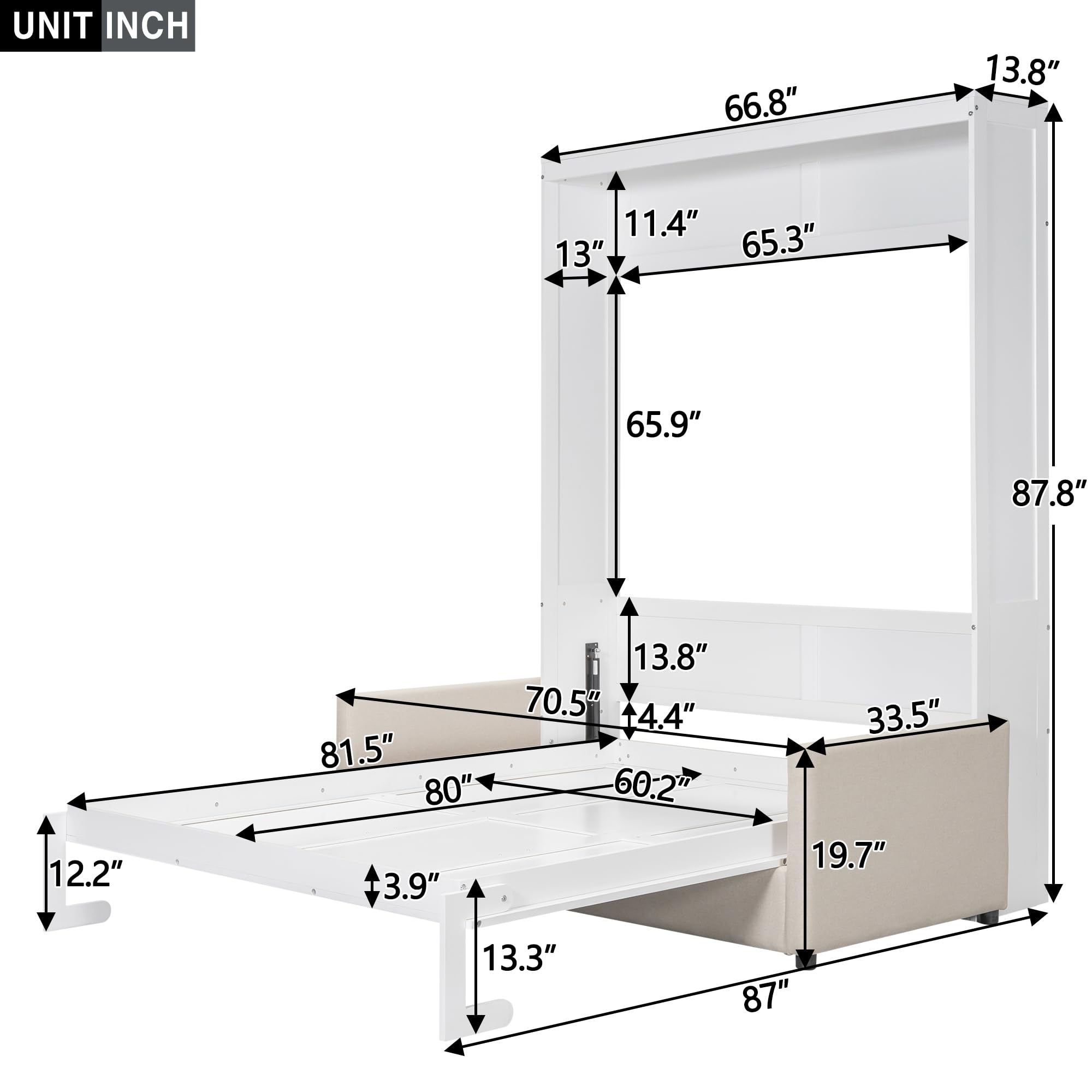 LZ LEISURE ZONE Queen Size Murphy Bed, Wooden Queen Murphy Bed with Cushion, Wall Bed with Sofa for Home Office or Small Room, White