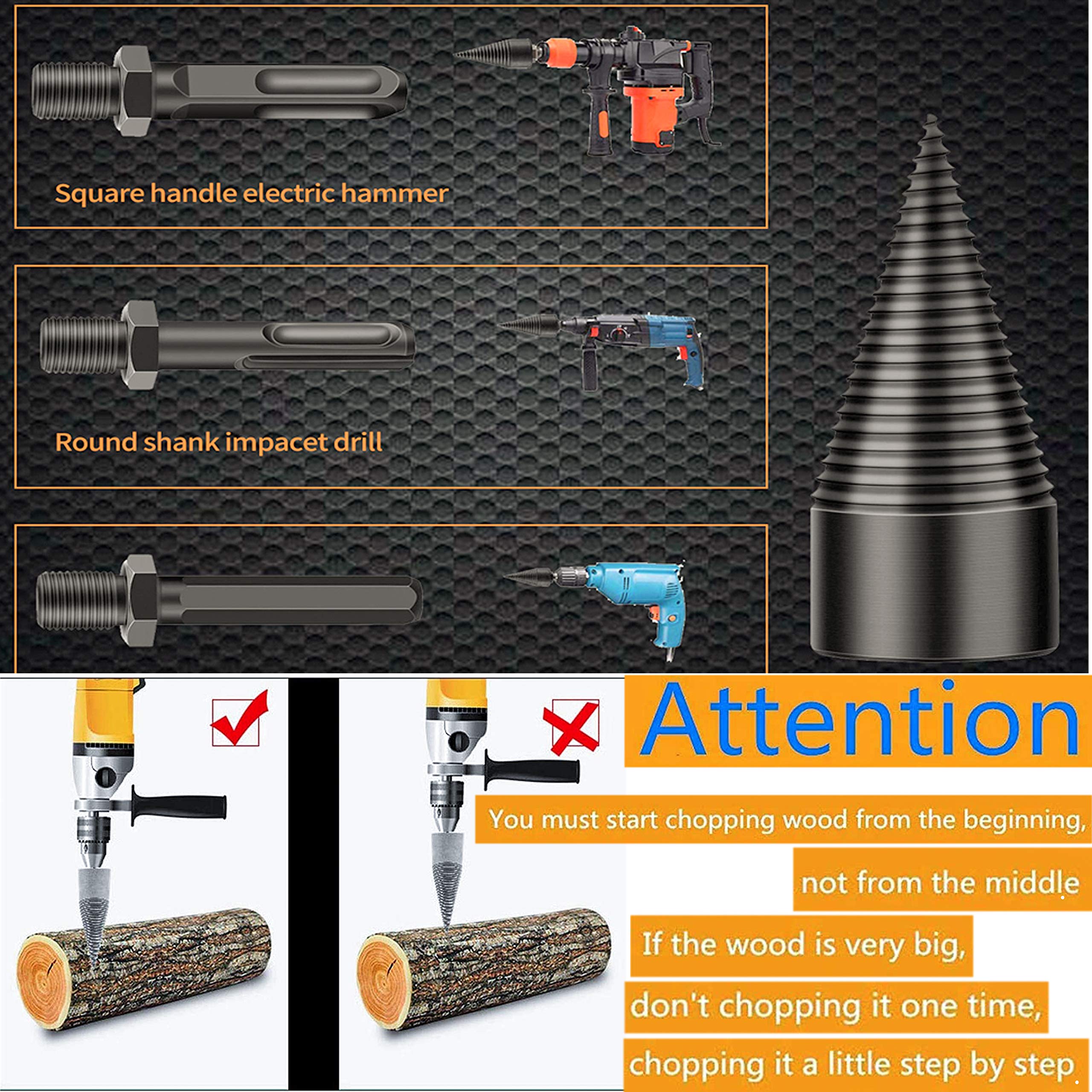 KEWAYO 4pcs Removable Splitting Wood Cone Drill Bit, Wood Splitter Drill Set for Heavy Duty Drill Split Wood Tool and Hand Drill Stick-hex+Square+Round