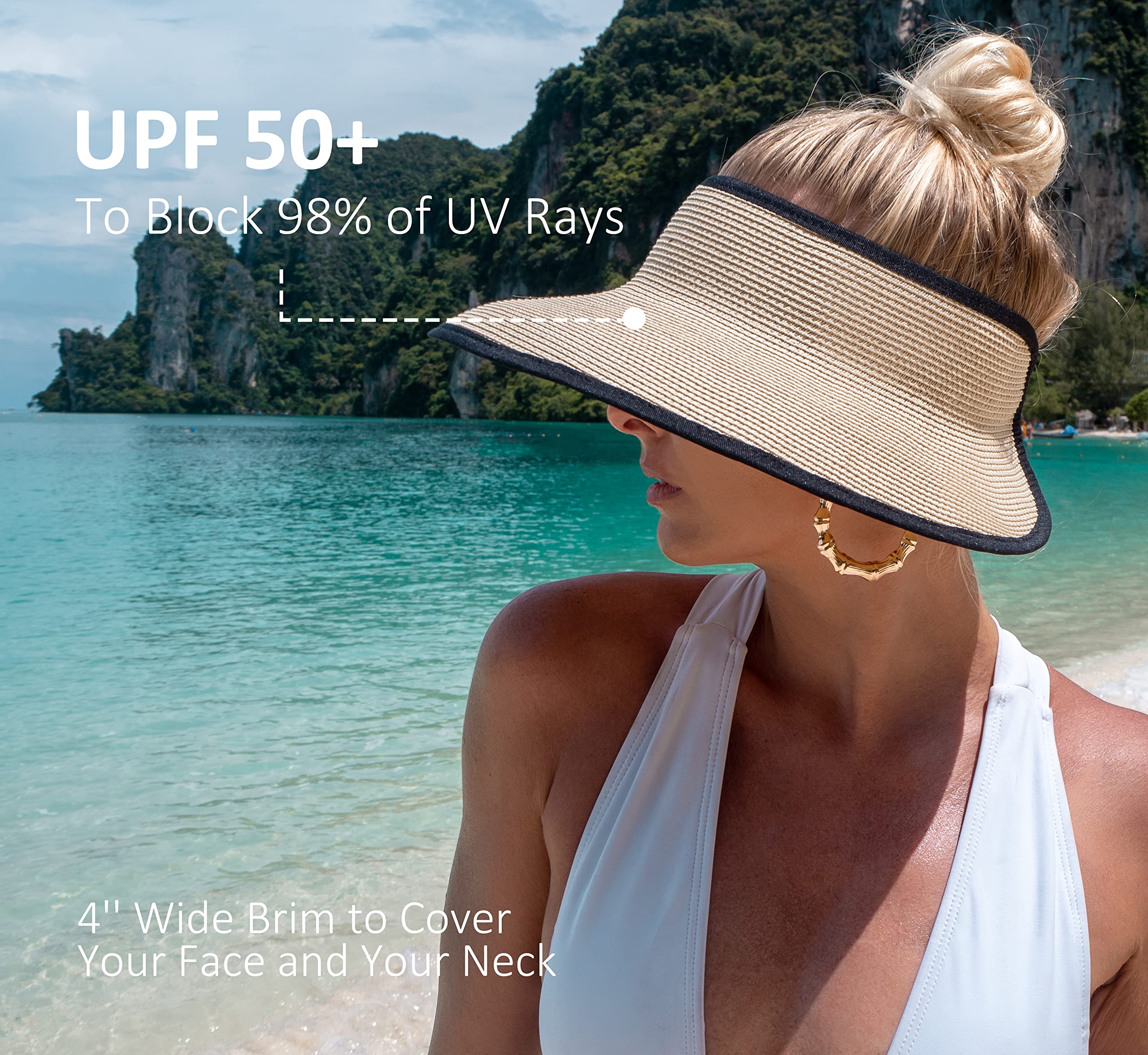 Joywant Straw Sun Visor Hats for Women-Roll Up Summer Golf Visors Cap UPF 50+ Premium Straw Brown