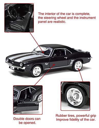 Tianmei 1:32 Scale Supercar Styling Alloy Die-Cast Car Model Collection Decoration Ornaments, Kids Play Vehicle Toys with Pull Back Action and Open Doors (Camaro 1969 - Black)