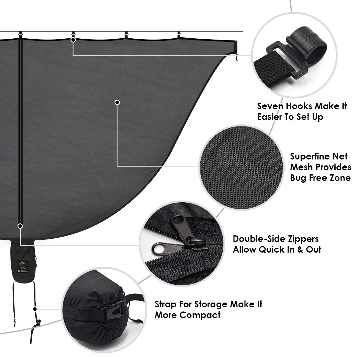 Grassman Hammock Bug Net, 11‘ x 4.5’ Large Superfine Mesh Hammock Mosquito Net, Fits for All Single/Double Hammocks, Lightweight Bug Net for 360° Guardian Away from Insects