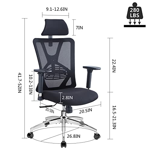 Ticova Ergonomic Office Chair - High Back Desk Chair with Adjustable Lumbar Support, Headrest & 3D Metal Armrest - 130° Rocking Mesh Computer Chair