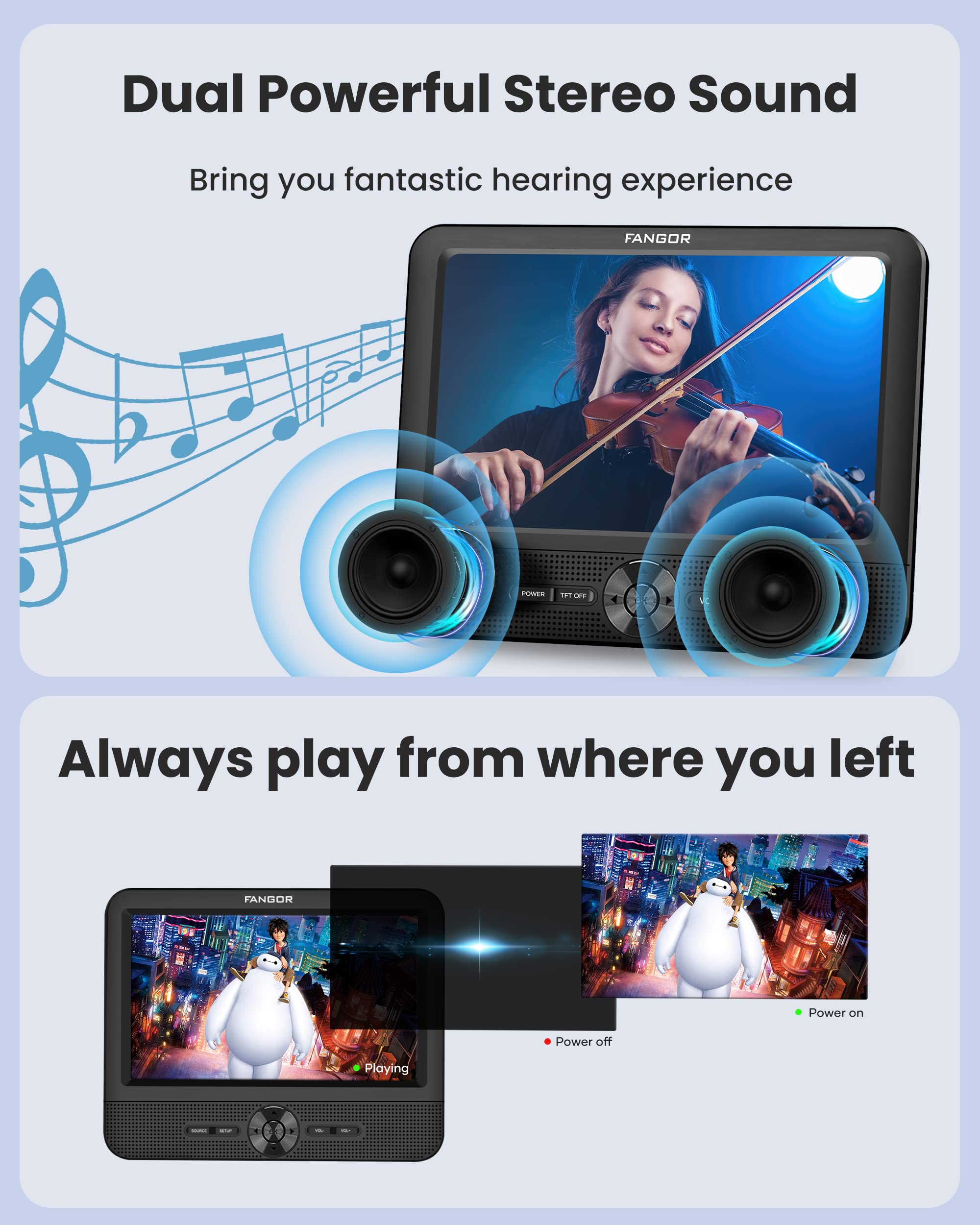 FANGOR 7.5’’ Dual Car DVD Player, Portable DVD Player for Car with 5 Hours Rechargeable Battery, Last Memory, AV Out&in, Supported USB/SD/Sync TV, Regions Free ( 1 Player + 1 Monitor )