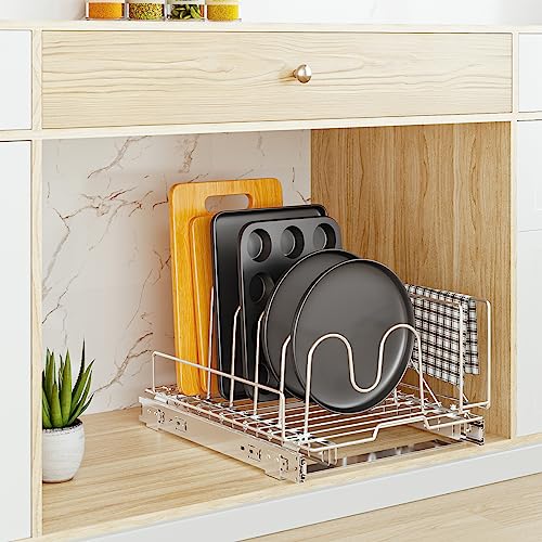 FANHAO Slide Out Cutting Board, Bakeware, and Tray Organizer, Wire Pull Out Kitchen Cabinet Organizer for Pots, Pans, and Lid Cookware, 13.5 inch wide x 17.7 inch deep β Chrome