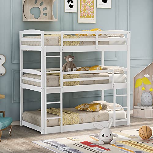 RUNWON Twin Over Twin Triple Bunk Bed with Safety Guardrail and Ladder for Kids Teens, No Box Spring Needed